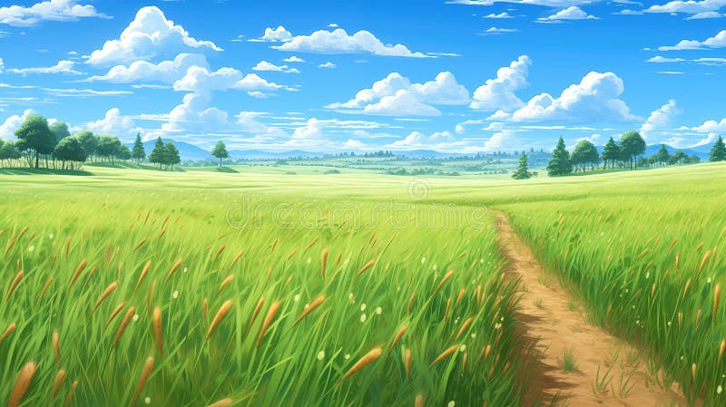 A Small Long Path in a Summer Inspired Grass Field, Anime Landscape ...