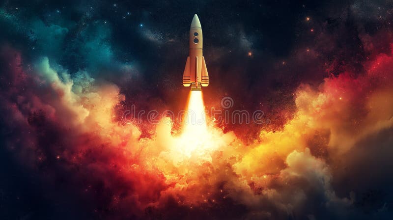 A Small, Low Poly Pastel-colored Rocket Ship Taking Off into a ...