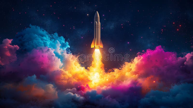 A Small, Low Poly Pastel-colored Rocket Ship Taking Off into a ...