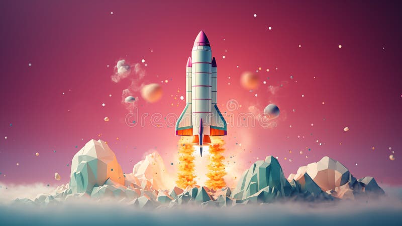 A Small, Low Poly Pastel-colored Rocket Ship Taking Off into a ...
