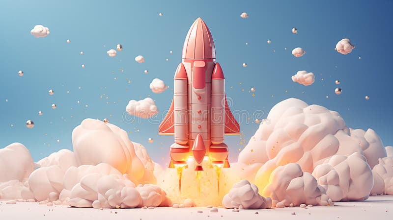 A Small, Low Poly Pastel-colored Rocket Ship Taking Off into a ...