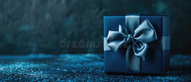A Small, Luxurious Gift Box with a Blue Bow, Positioned on a Dark Blue ...