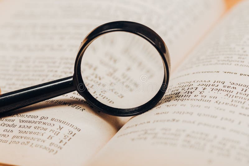 Small Magnifying Glass on Paper with Text. Search, Analysis Stock Image ...