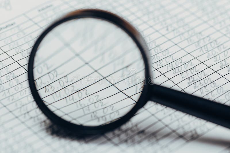 Small Magnifying Glass on Paper with Text. Search, Analysis Stock Image ...