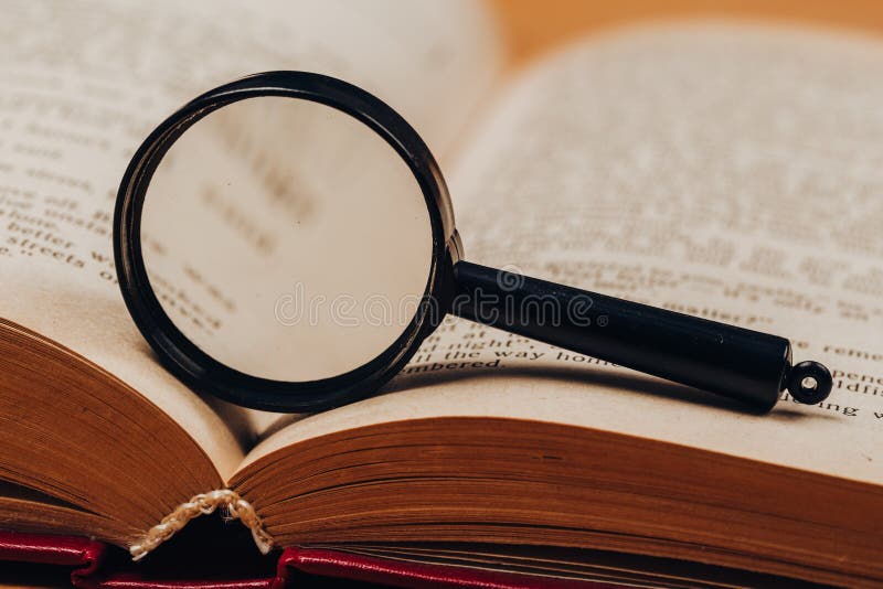 Small Magnifying Glass on Paper with Text. Search, Analysis Stock Image ...