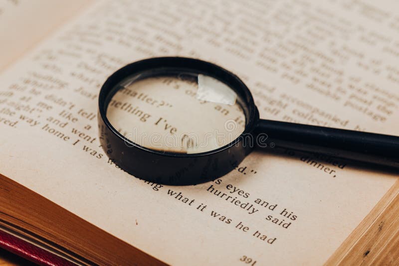 Small Magnifying Glass on Paper with Text. Search, Analysis Stock Image ...