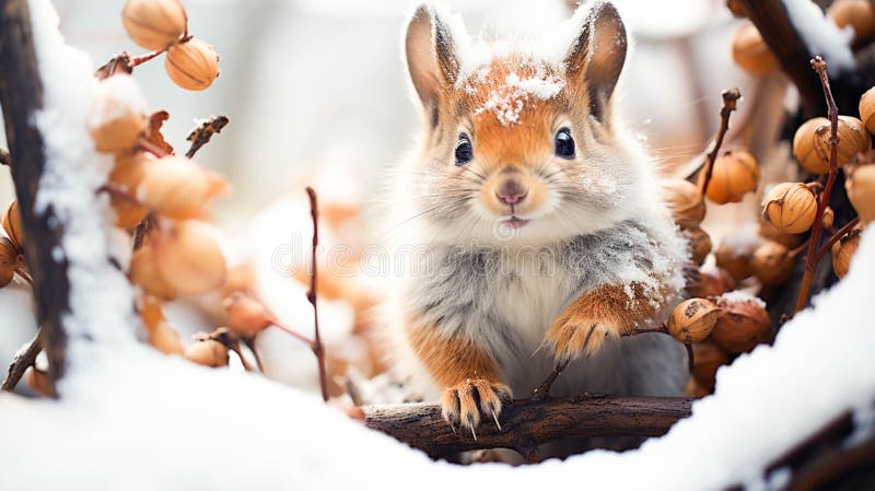 Small Mammal Eating Nut in Snowy Forest Playful and Fluffy Stock Photo ...