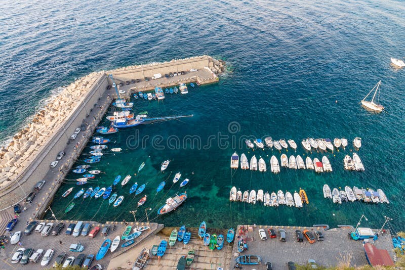 Small Mediterranean Port with Docked Boats, Aerial View Stock Photo ...