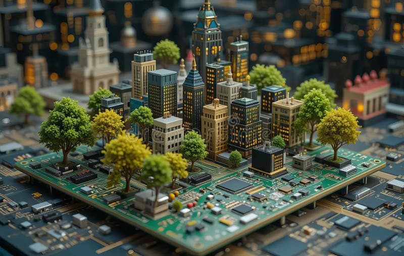 A Small Microcontroller Circuit Board with Tiny Buildings Growing Out ...