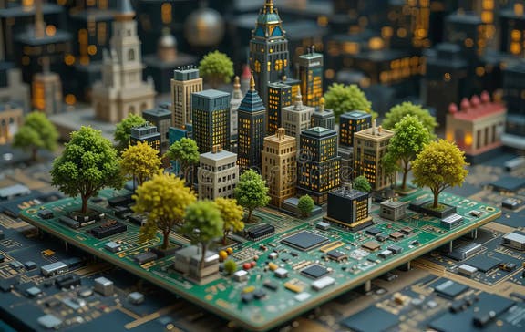 A Small Microcontroller Circuit Board with Tiny Buildings Growing Out ...