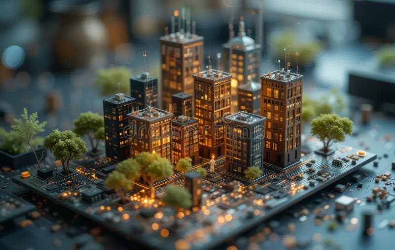 A Small Microcontroller Circuit Board with Tiny Buildings Growing Out ...