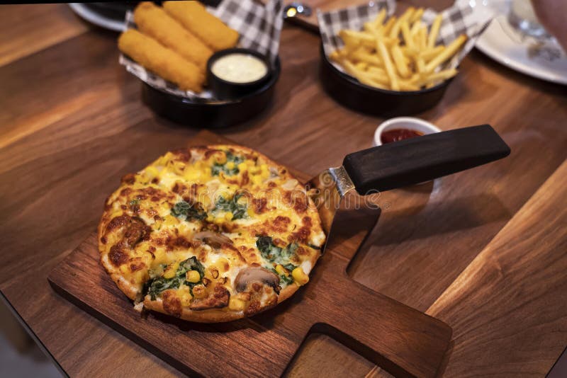 Small Mini Pizza on a Wooden Tray. Dinner Stock Photo - Image of fresh ...