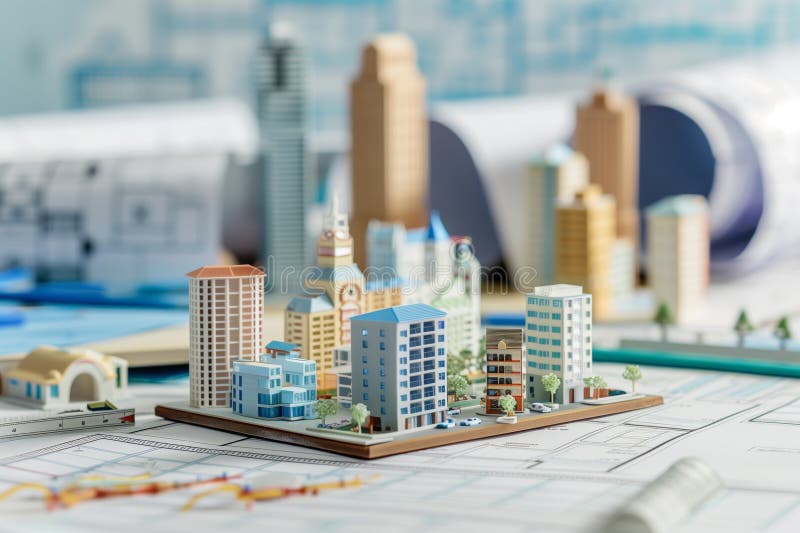 Small Model City on a Desk with Blueprint Background Stock Image ...