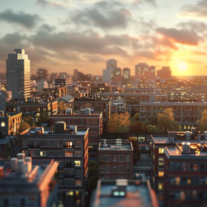 Small Model City with Sunset Backdrop Generated Using AI. Stock ...