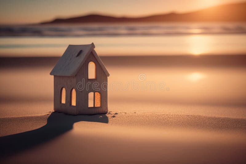 Small Model Home on Sunset Beach Background. Business and Nature ...