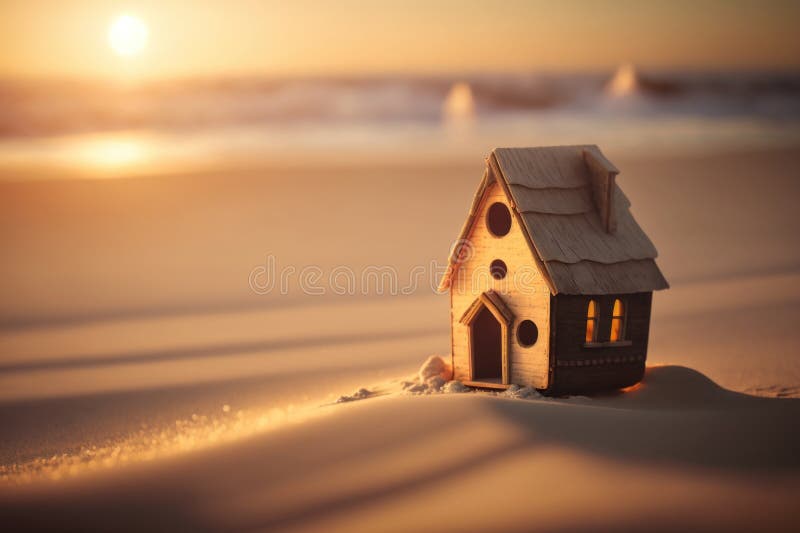 Small Model Home on Sunset Beach Background. Business and Nature ...