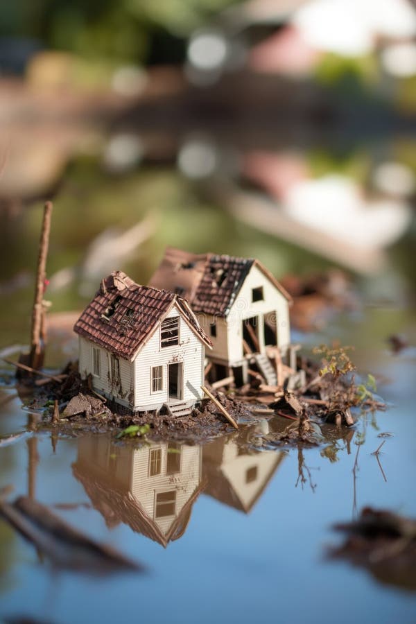 A Small Model of a House Reflected in a Puddle of Water Stock Photo ...