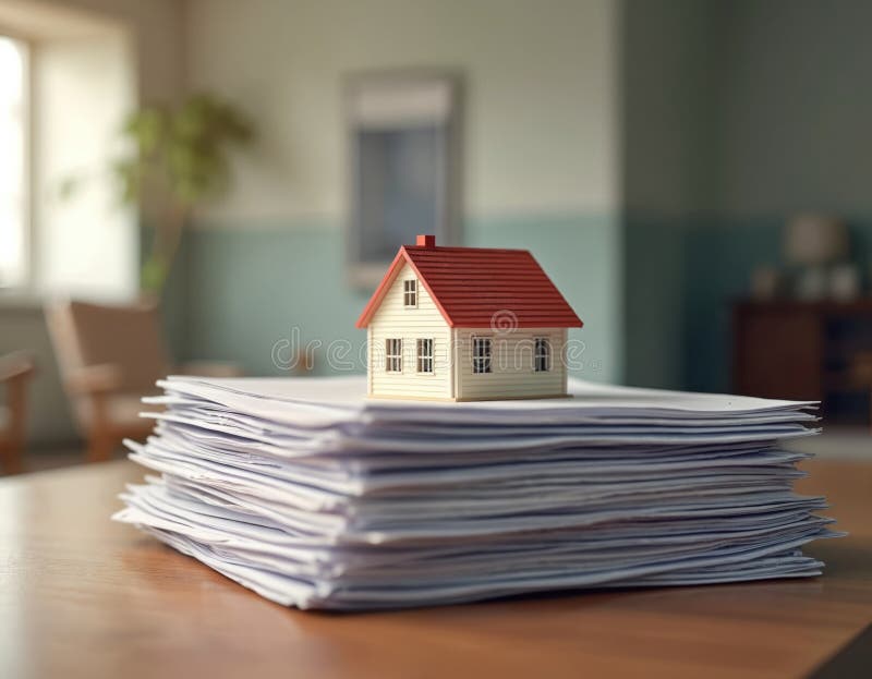Small Model House Sits Atop Stack of Loan Documents on Table. Financial ...