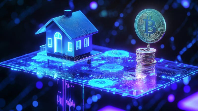 A Small House Sits on a Digital Platform, with a Stack of Bitcoin Coins ...