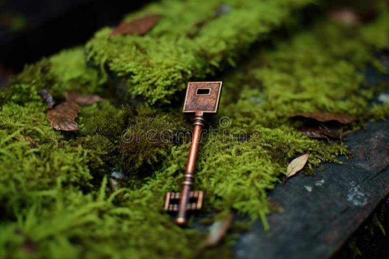 A Small, Modern Key Lying on a Stack of Vintage, Moss-covered Bricks ...