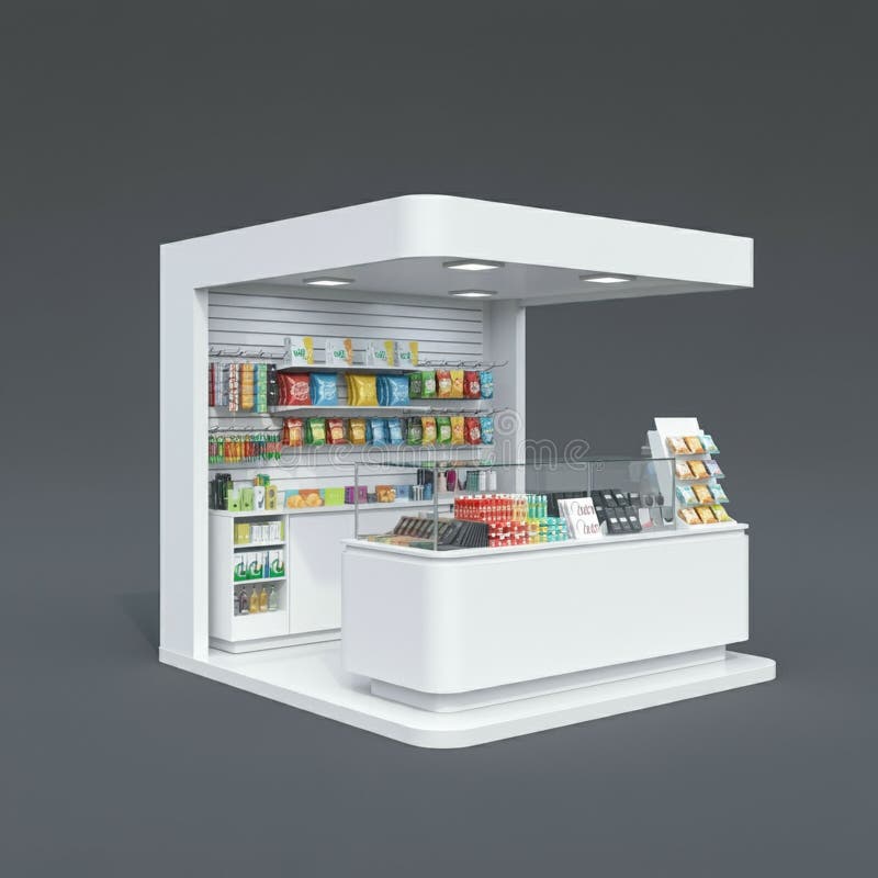 A Small, Modern Kiosk Features Sleek White Surfaces and a Minimalist ...