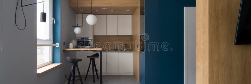 Small and Modern Kitchen, Panorama Stock Photo - Image of design ...