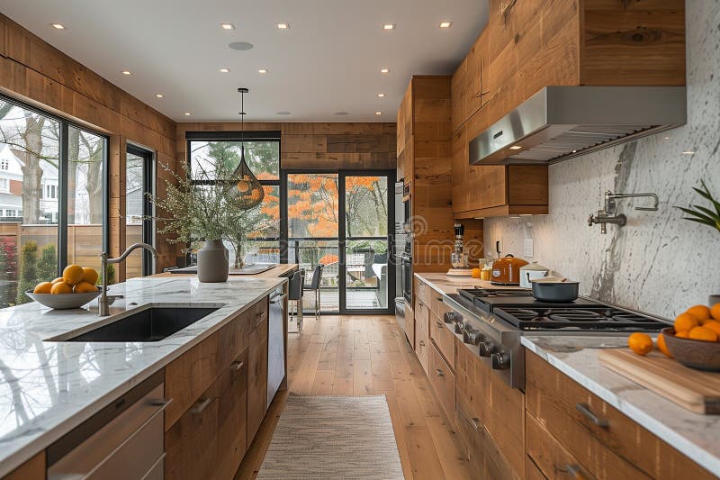 A Small Modern Kitchen with a Sleek Marble Countertop and Wooden ...