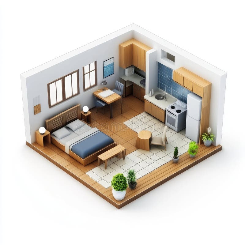 Cozy Studio Apartment: Isometric 3D Interior Design Stock Illustration ...