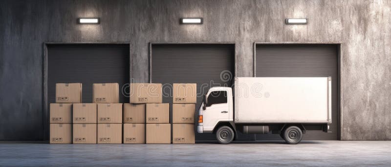 Small Modern Warehouse Scene with White Truck and Stacked Boxes Ready ...