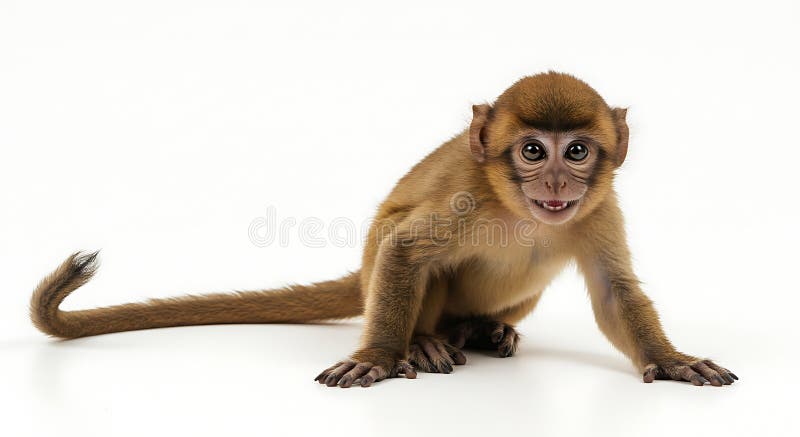A Small Monkey with Brown Fur Sits Against a Plain White Background. it ...