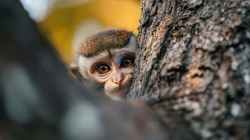 A Curious Monkey Peeking from Behind a Tree Trunk in a Lush Forest ...