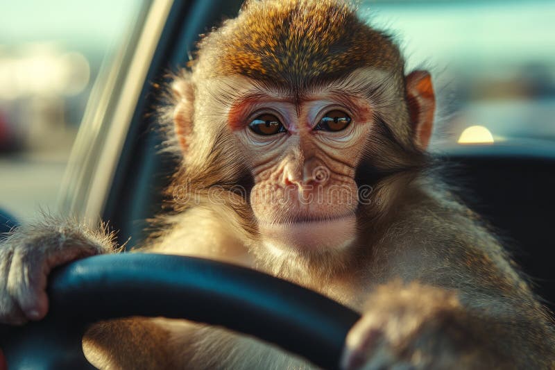Small Monkey Driving Car Holding Steering Wheel Looking Like a Serious ...