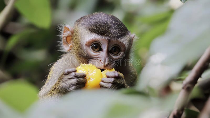 A Small Monkey Eating a Piece of Fruit in the Jungle, AI Stock Image ...