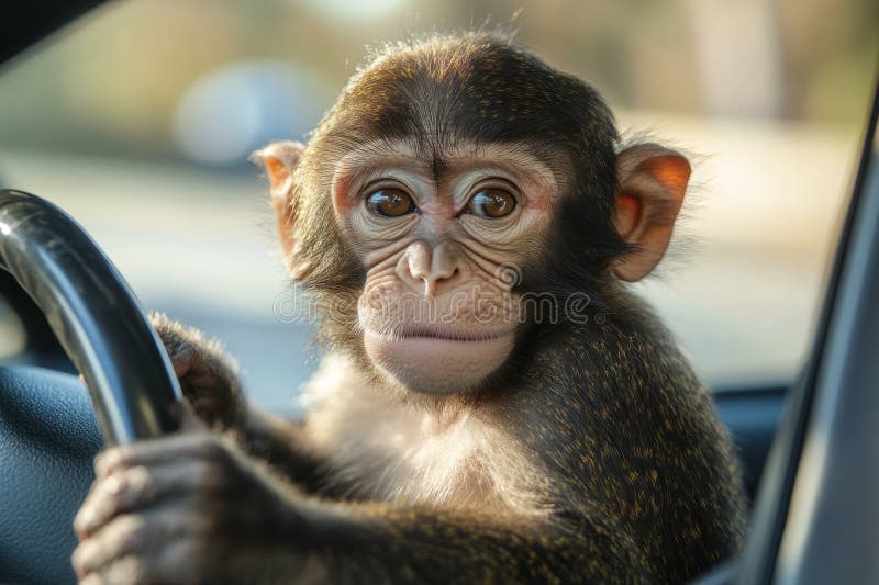 Small Monkey Holding the Steering Wheel of a Car, Looking Focused ...