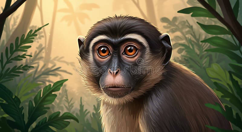 A Small Monkey with Large, Expressive Eyes is Depicted in a Lush Jungle ...