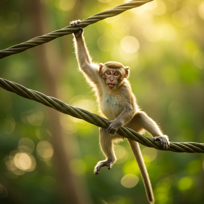 A Small Monkey with Light Brown Fur is Playfully Hanging from Two ...