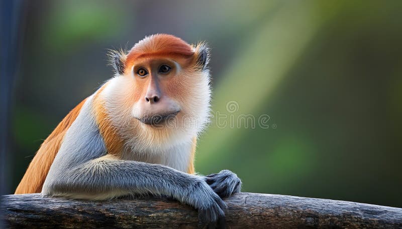 A Small Monkey with Orange and Grey Fur Sits on a Branch, Bathed in the ...