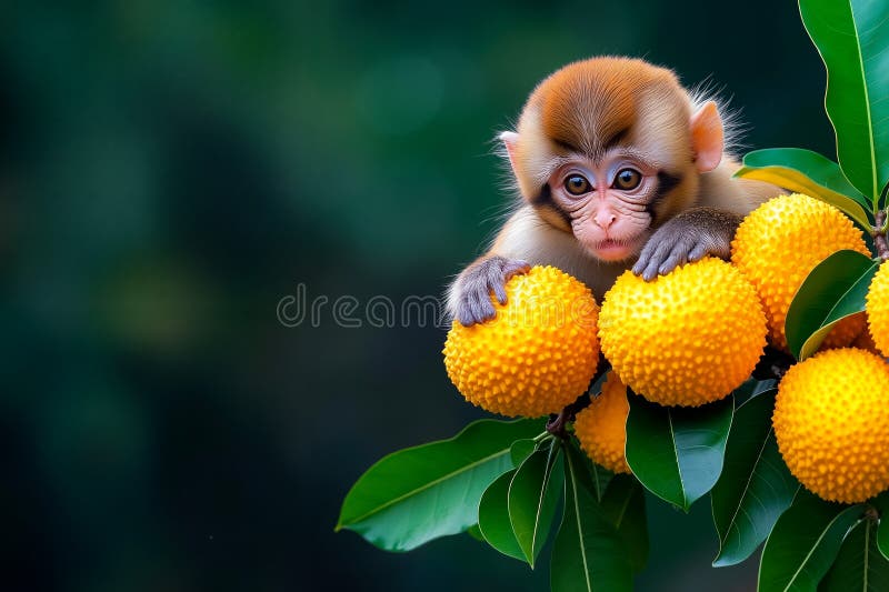 A Small Monkey Sitting on Top of a Tree with Yellow Fruit Stock Photo ...
