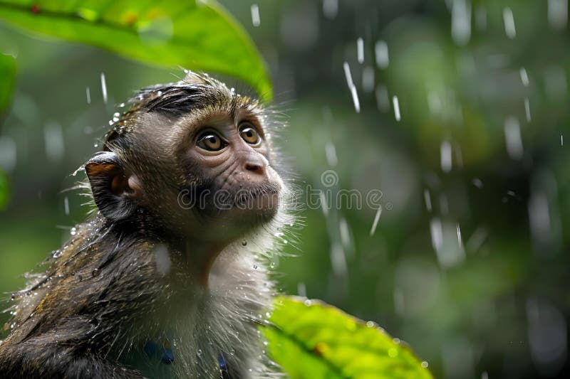 Small Monkey Sitting in the Forest Under the Rain, AI-generated. Stock ...