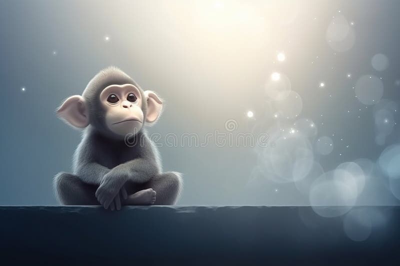 A Small Monkey Sitting on a Ledge with a Light Shining in the Distance ...