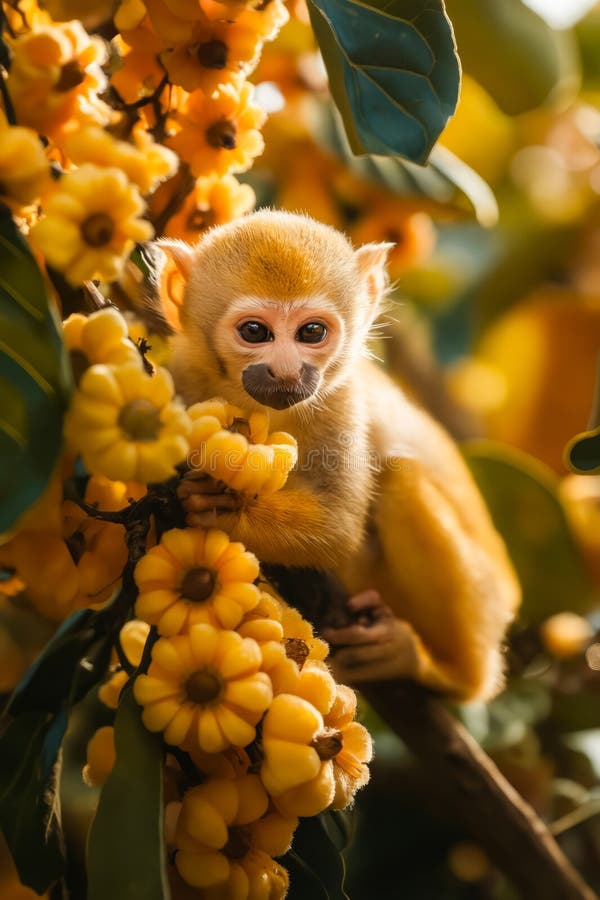 A Small Monkey Sitting on Top of a Tree with Yellow Flowers. Generative ...