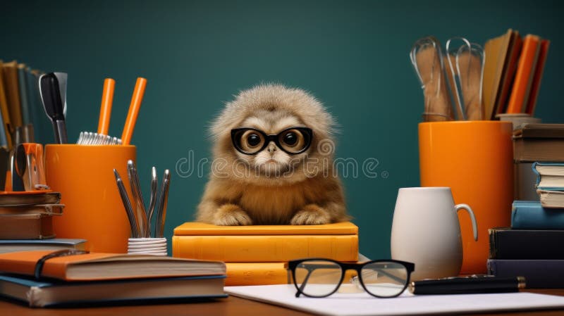 A Small Monkey Wearing Glasses Sitting on Top of a Stack of Books, AI ...