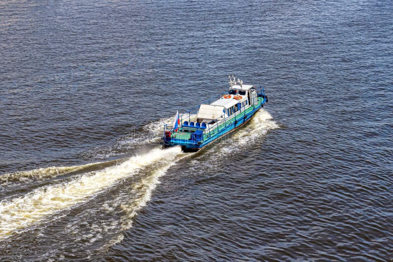 Small Motor Ship Sails Down the River Leaving a Foamy Trail Stock Image ...