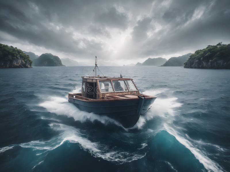 Small Motorboat Sailing through Ocean Waves Dramatic Cloudy Sky Island ...