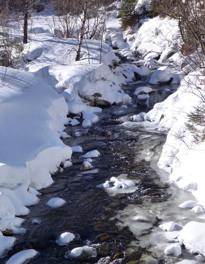 Small Mountain Stream in the Melting Snow Stock Photo - Image of freeze ...