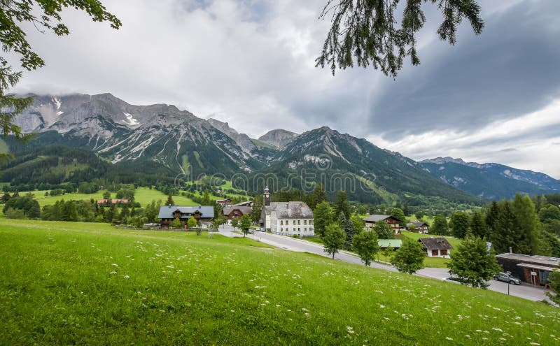 Small Mountain Town in the Austrian Alps. Stock Photo - Image of blue ...