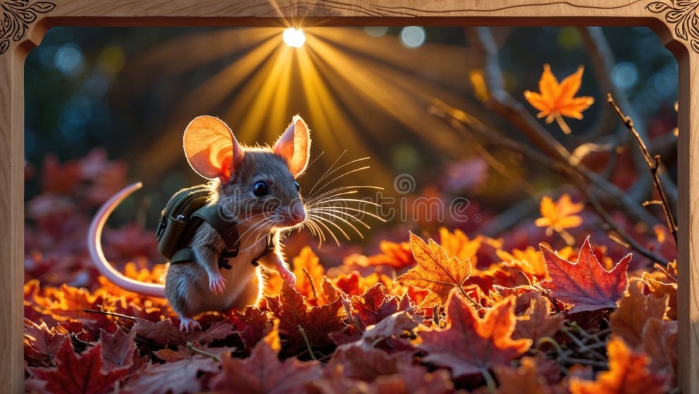 Adorable Mouse with Backpack in Autumn Leaves Stock Illustration ...