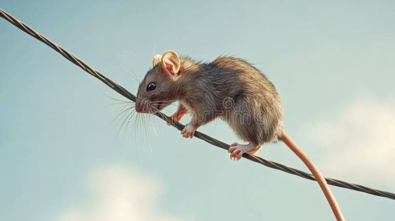 Small Mouse Balancing on Wire Against Clear Sky Background Stock ...