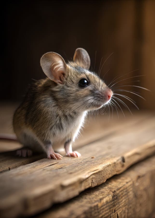 Small Mouse Curiously Explores a Wooden Surface in a Dimly Lit ...