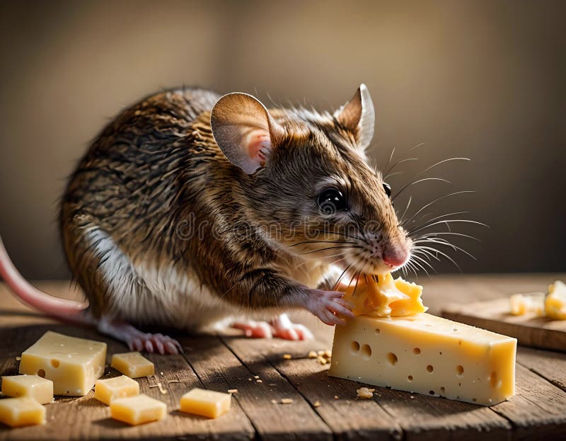 Small Mouse Eating a Lot of Cheese Stock Illustration - Illustration of ...